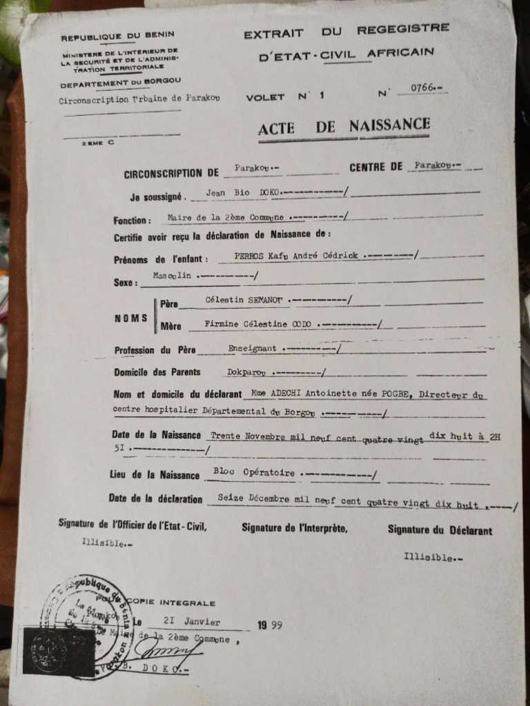 Document-WPS Office Acte de Naissance Cédrick | PDF