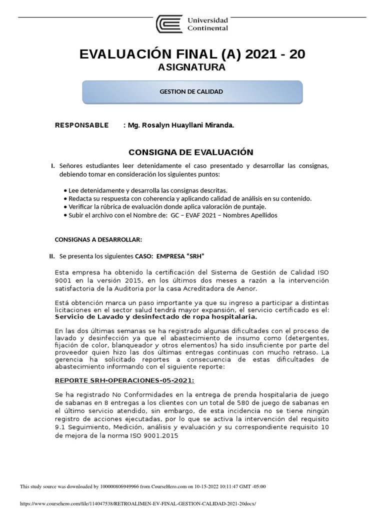 Retroalimen Ev Final Gestion Calidad 2021 20 | PDF