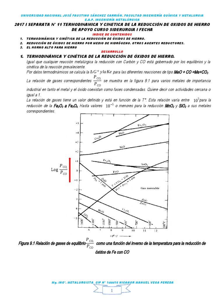 Separata N 11 Termodinamica y Cinética de La Reducción de Oxido | PDF | Hierro | Arrabio