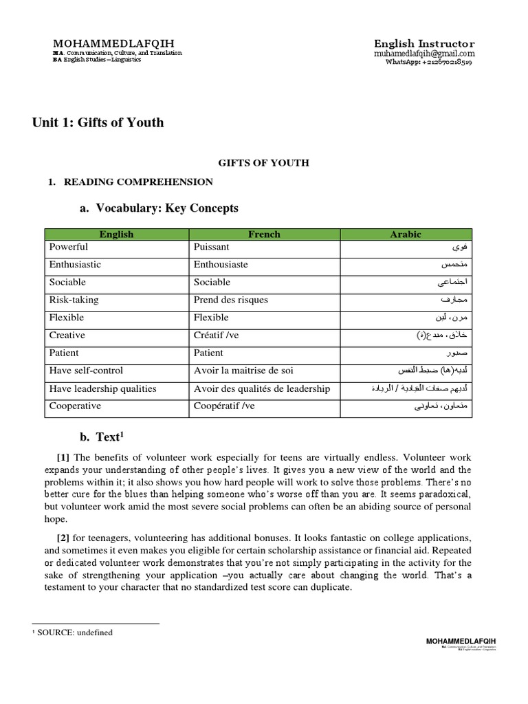 Unit 1 - GIFTS OF YOUTH | PDF | Volunteering | Translations