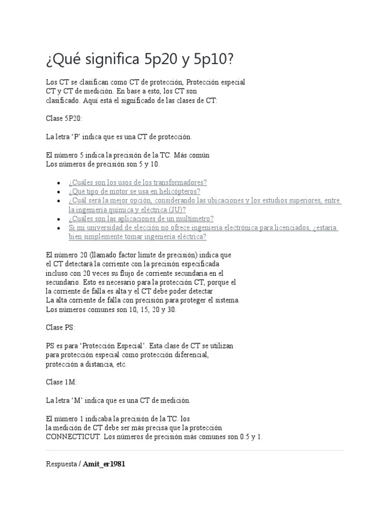 Significado de CT 5P10 y 5P20 | PDF | Medición | Transformador