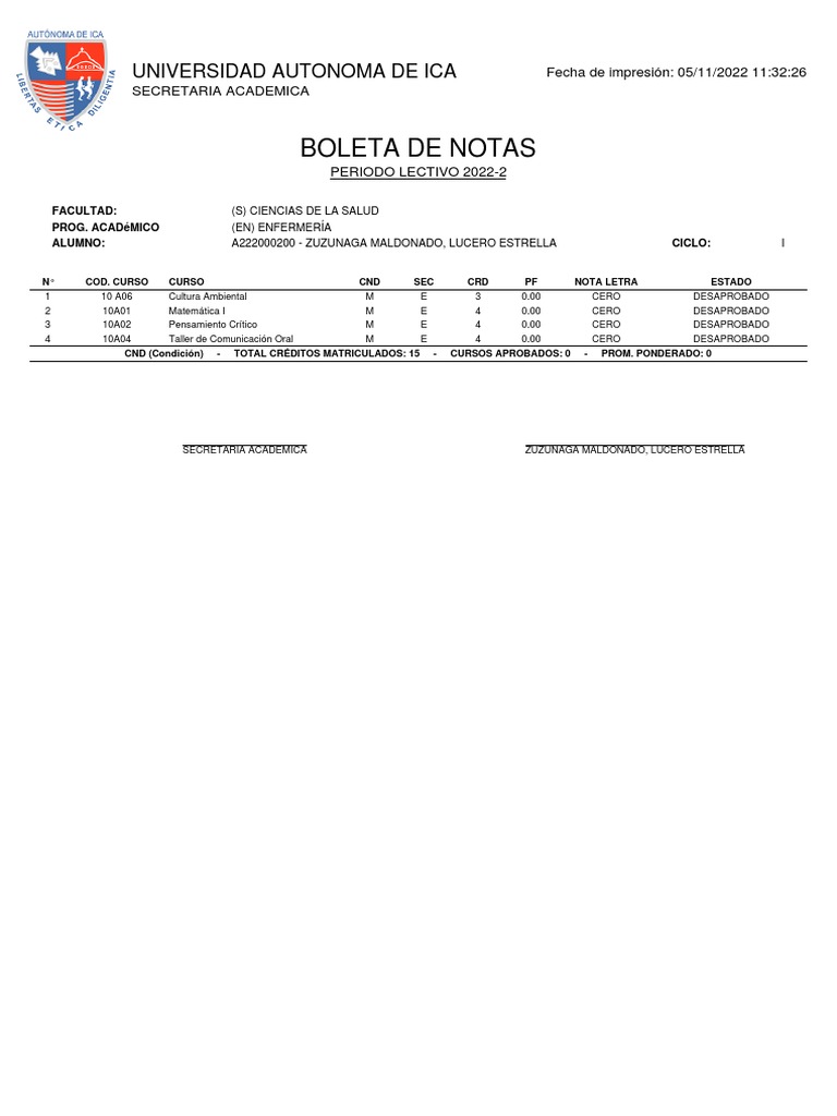 Boleta de Notas | PDF