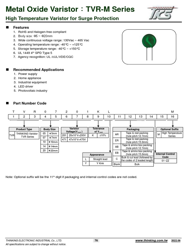 Metal Oxide Varistor-TVR-M Series | PDF | Equipment | Electrical ...