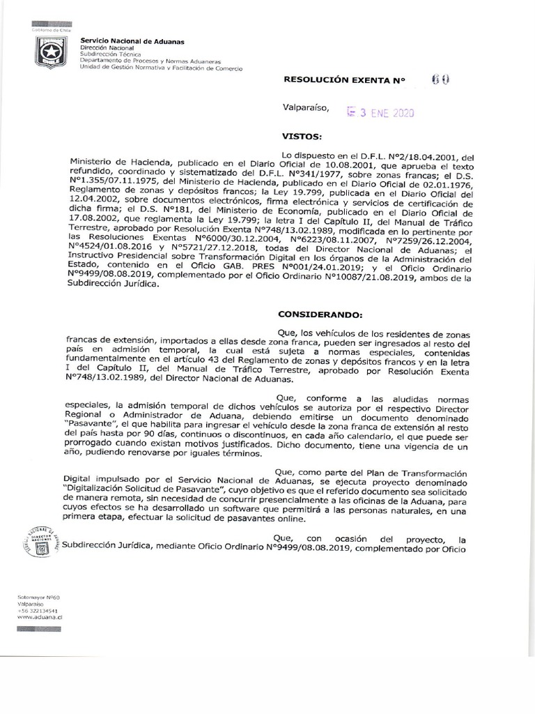 Pasavante Resol Exenta 60 2020 | PDF