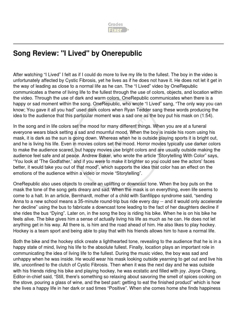 Song Review I Lived by Onerepublic | PDF