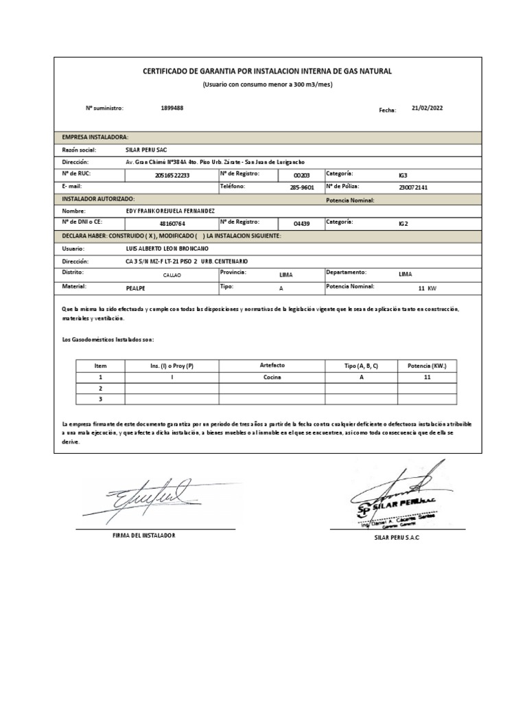 Certificado de Garantia - 2 Hojas | PDF