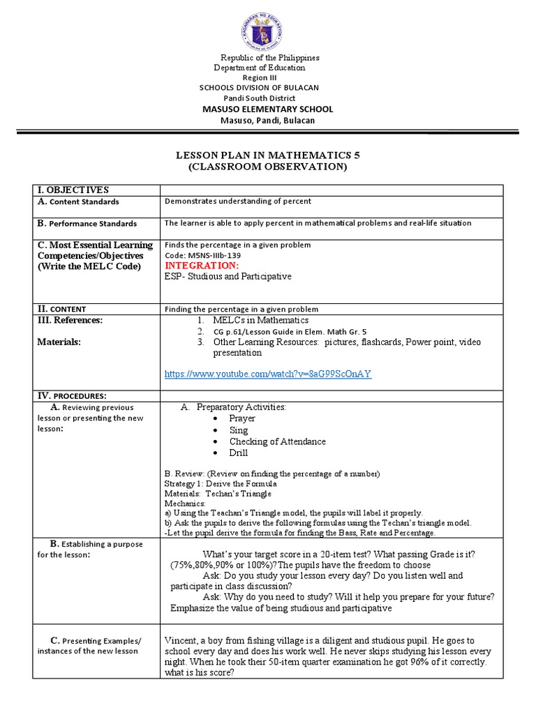 Grade 5 Lesson Plan on Percentages | PDF | Learning | Educational ...