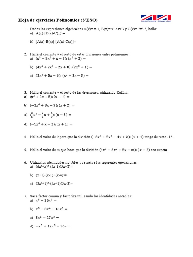 Ejercicios de Polinomios 3º ESO | PDF