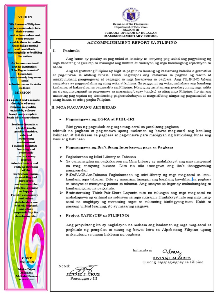 Filipino Accomplishment Report - 2021 2022 | PDF