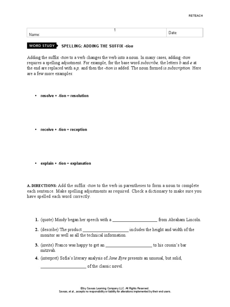 Spelling Unti 5 Adding The Suffix - Tion. | PDF | Linguistics