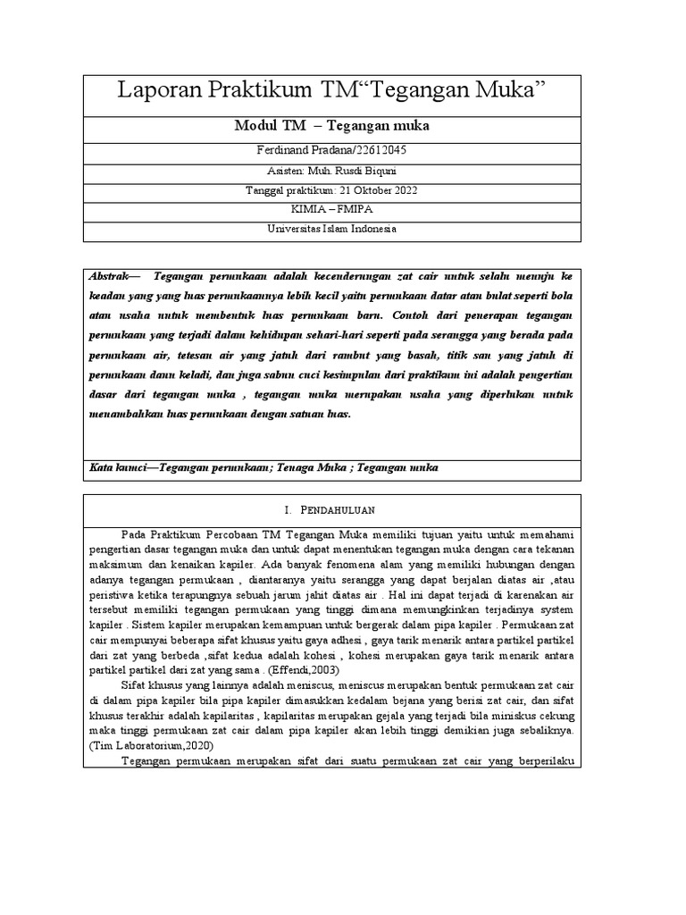 Laporan Praktikum Fisika TM Tegangan Muka (Ferdi) | PDF | Metode & Bahan Ajar