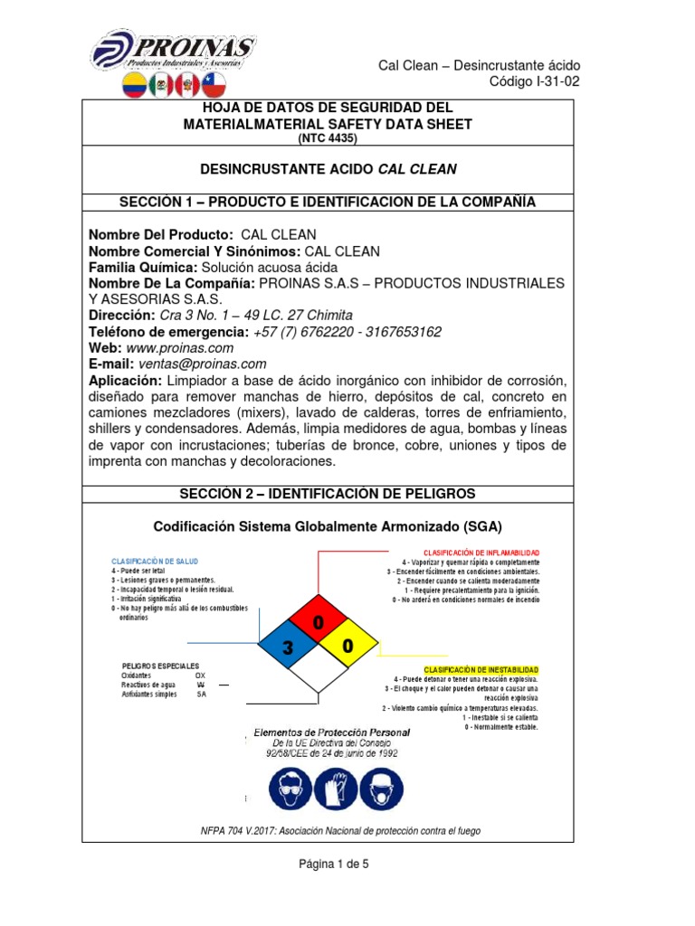 Cal Clean Ficha de Seguridad | PDF | Agua | Ciencias fisicas
