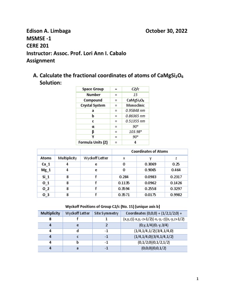 Limbaga - Assignment (Space Group C2c - CaMgSi2O6) | PDF | Silicon | Condensed Matter Physics