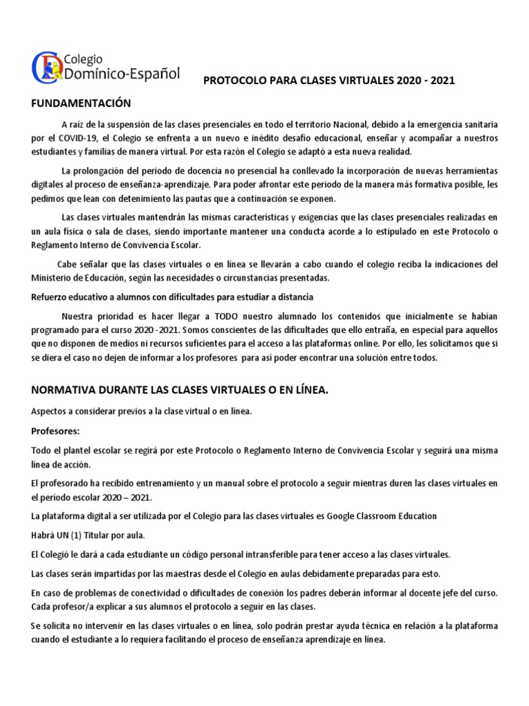 Protocolo para Clases Virtuales Finall 2020 | PDF