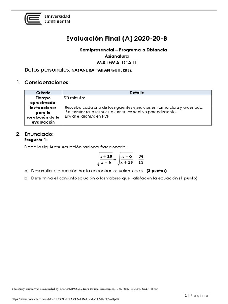 Examen Final Matematica II PDF | PDF | Ecuaciones | Matemáticas