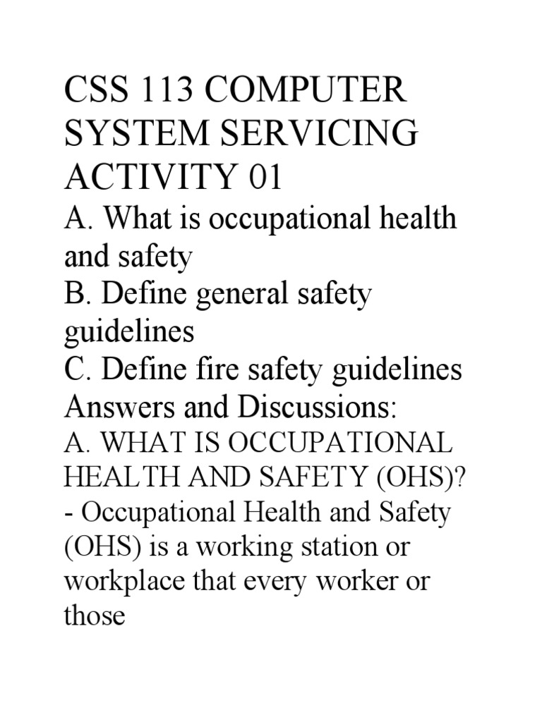 CSS 113 Computer System Servicing Activity 01 | PDF | Occupational Safety And Health | Safety