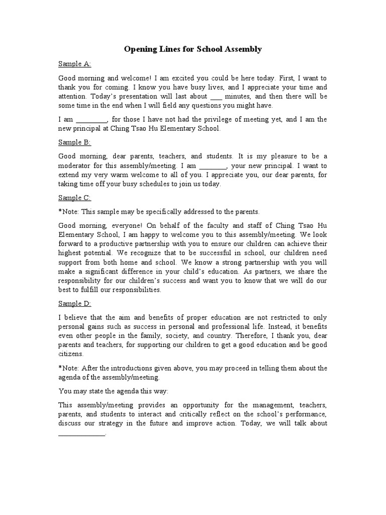 Opening Lines For School Assembly | PDF