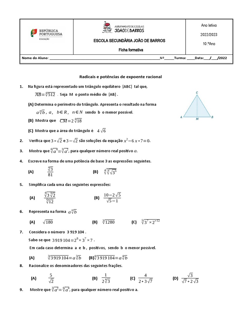 Ficha de Trabalho - Matematica A - 10º Ano | PDF | Triângulo | Números