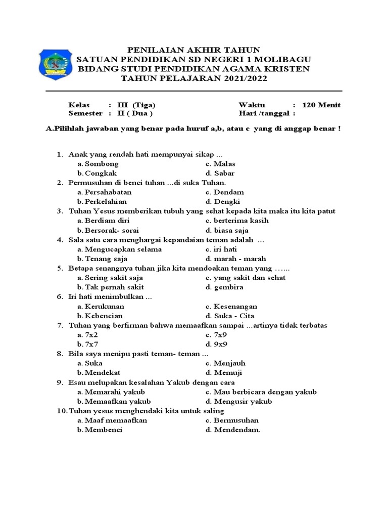 Soal Ujian Agama Kristen KLS 2,3,4 Semester Ii 2022 | PDF