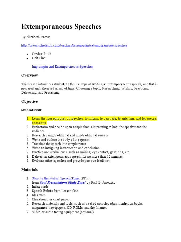 Lesson Plan-Extemporaneous Speeches | PDF | Brainstorming | Books
