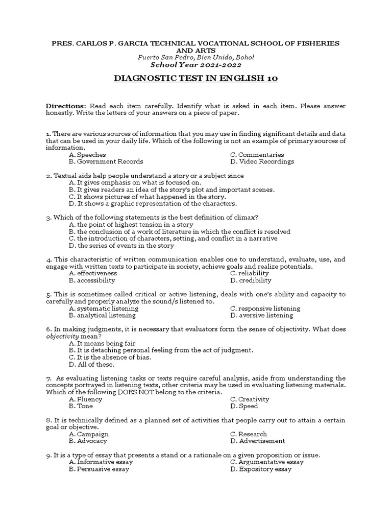 English 10 Quarter 1 Diagnostic Test | PDF | Essays | Cognition