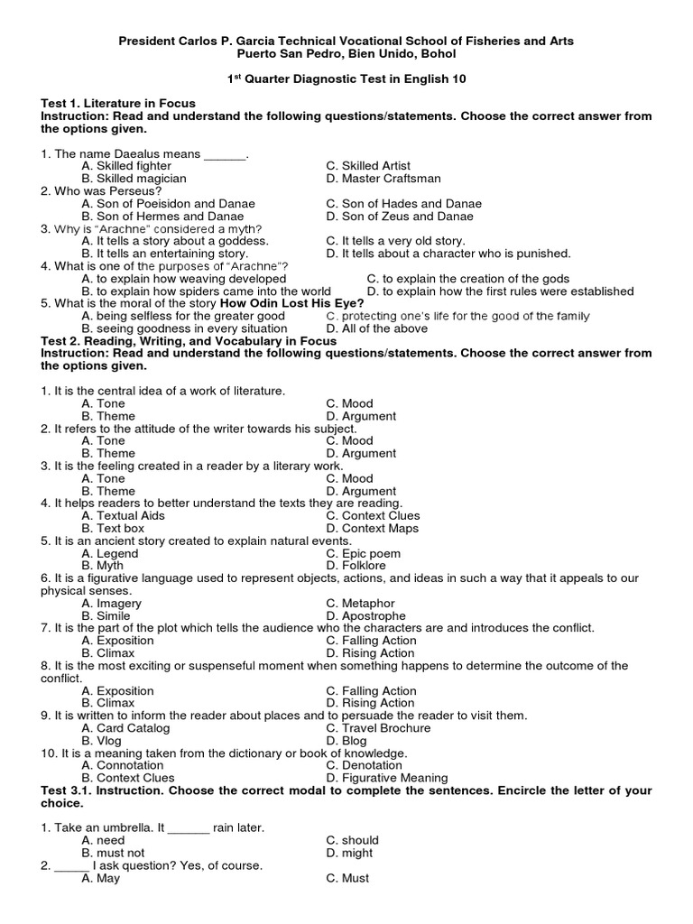 First Quarter Diagnostic Test - English 10 | PDF | Language Arts ...