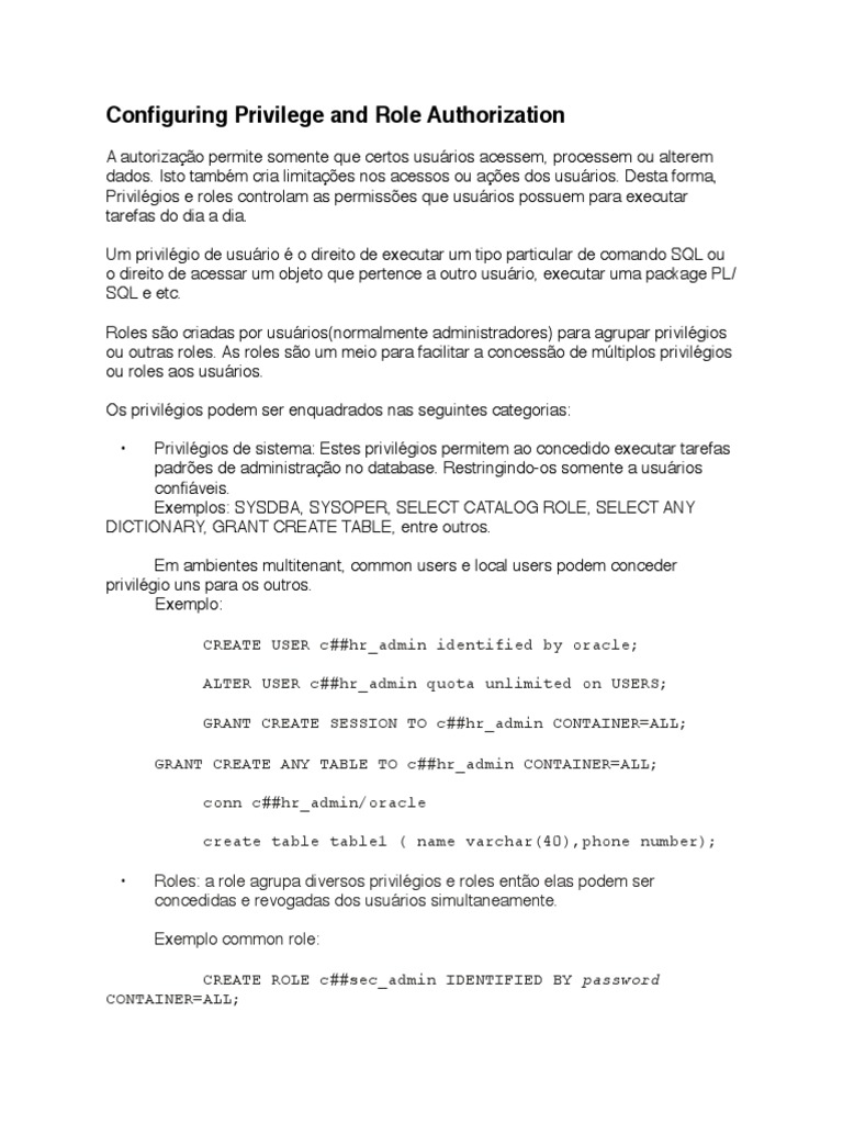 Conf Privs Roles Auth | PDF | SQL | Desenvolvimento de software
