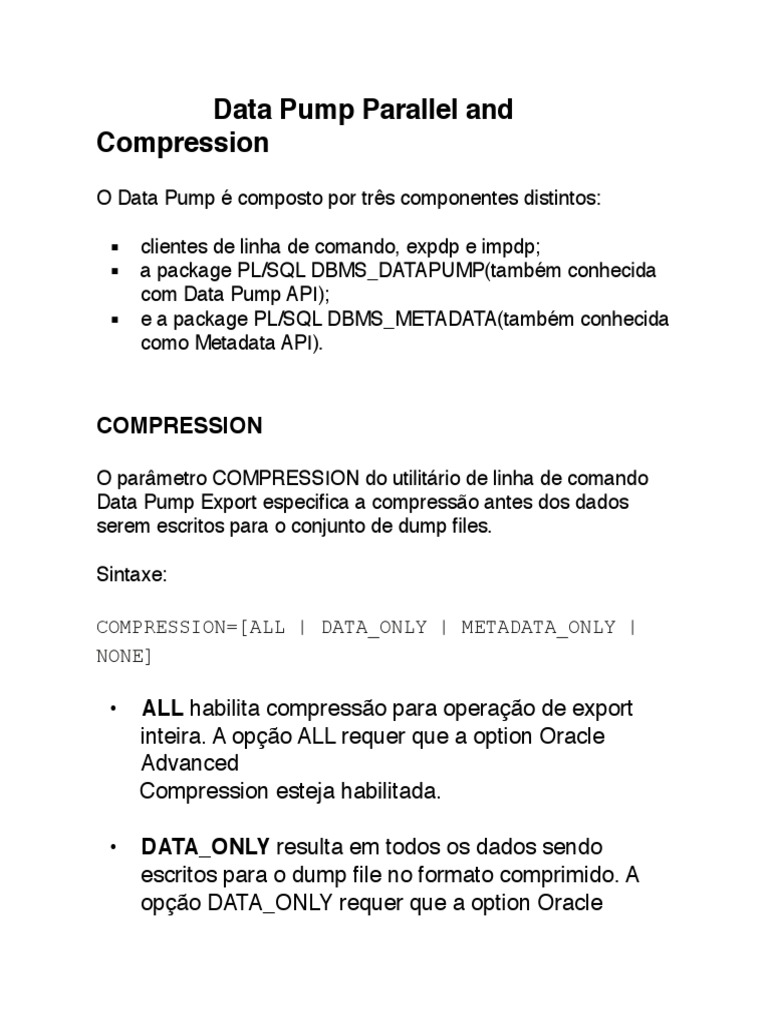 Data Pump Compression Parallel | PDF | Compressão de dados | Algoritmos