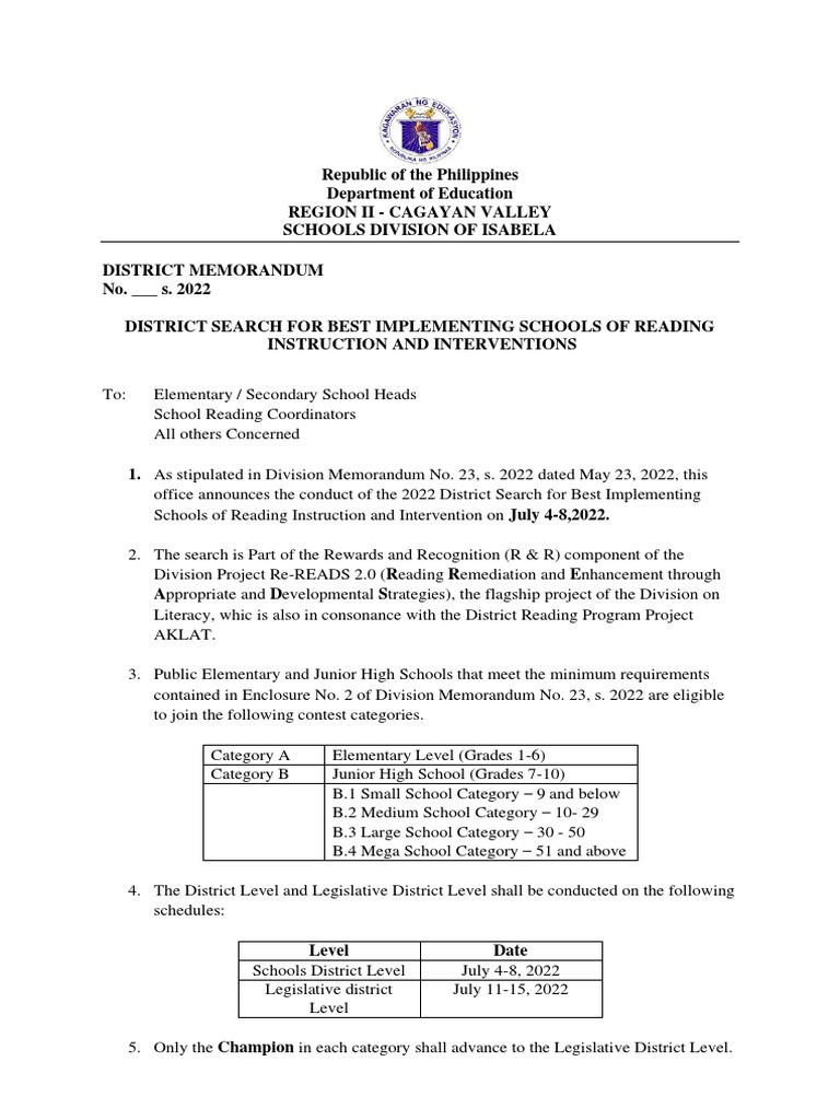 District Reading Memo | PDF