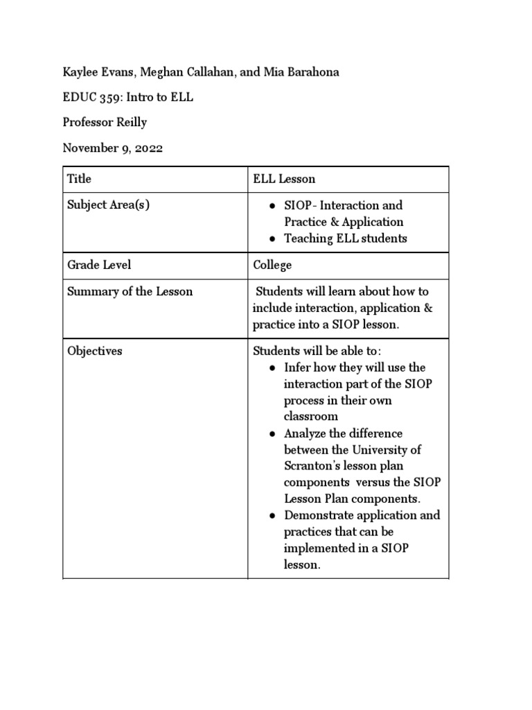 Ell Siop Lesson Plan | PDF | Lesson Plan | Cognitive Science