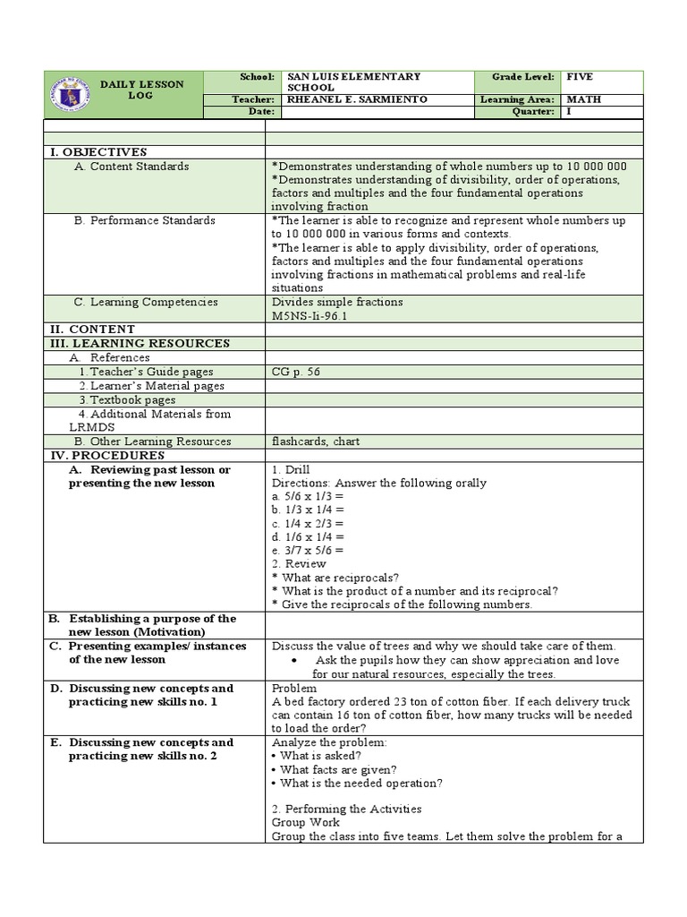 DLP MATH5 Q1 W8 Divide Simple Fractions | PDF | Mathematics | Cognitive Science