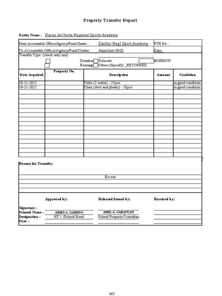 Appendix 76 - Property Transfer Report - PTR | PDF