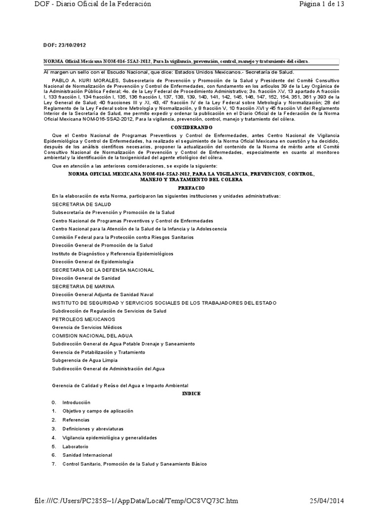 Nom 016 Ssa2 2012 | PDF | Agua | Cólera