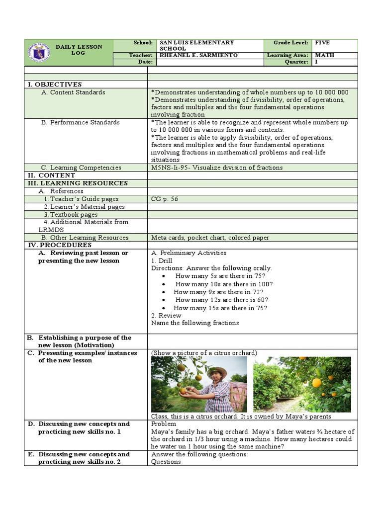 DLP-MATH5-Q1-W9-division of Fractions | PDF | Learning | Teachers