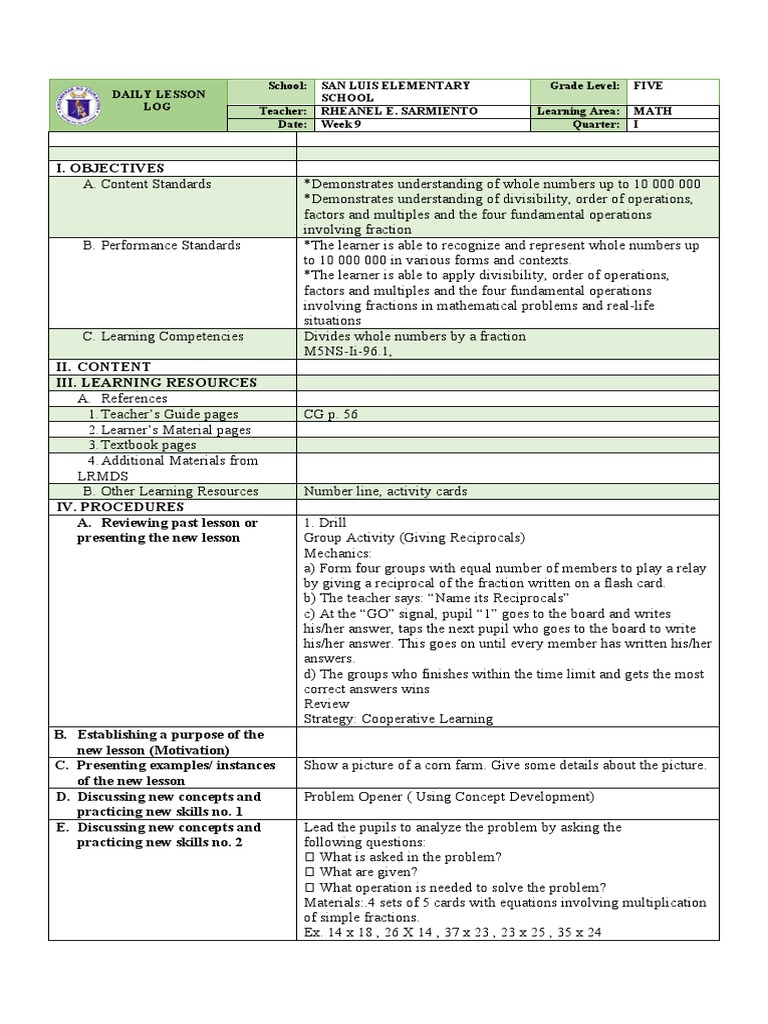 DLP-MATH5-Q1-W9-division of Fraction With Whole Number | PDF | Learning | Cognitive Science