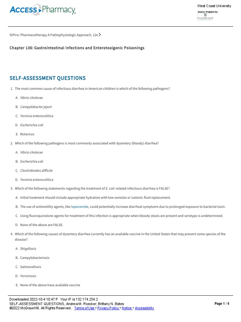 CH 136: GI Infections and Enterotoxigenic Poisonings SELF-ASSESSMENT ...