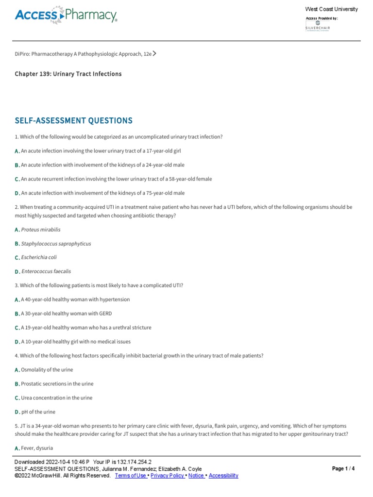 Chapter 139: Urinary Tract Infections Self-Assessment Questions | PDF ...