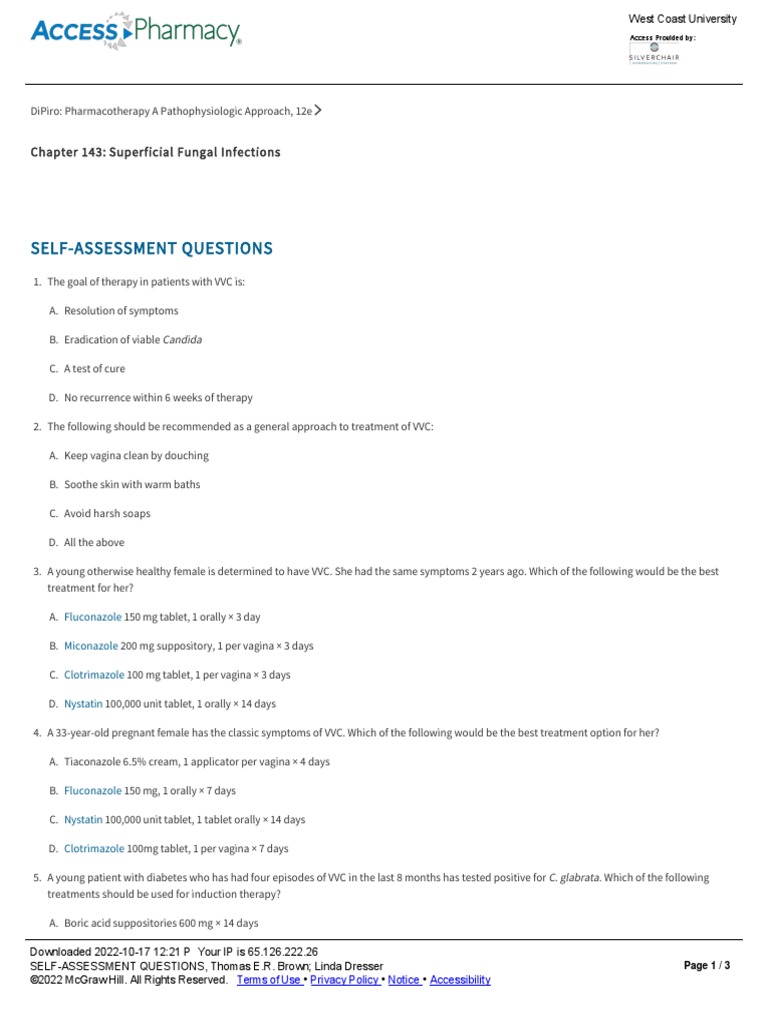 Chapter 143: Superficial Fungal Infections SELF-ASSESSMENT QUESTIONS ...