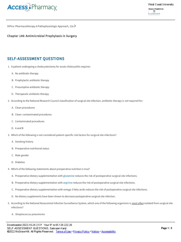 Chapter 146: Antimicrobial Prophylaxis in Surgery SELF-ASSESSMENT ...