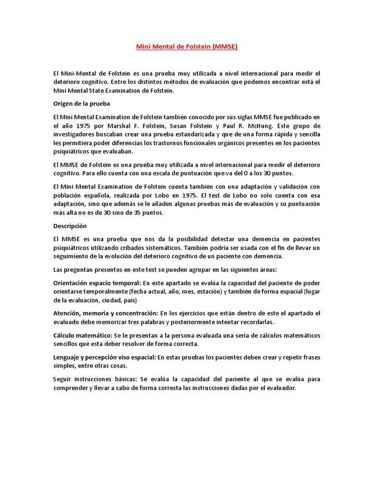 Mini Mental de Folstein | PDF | Sicología | Cognición