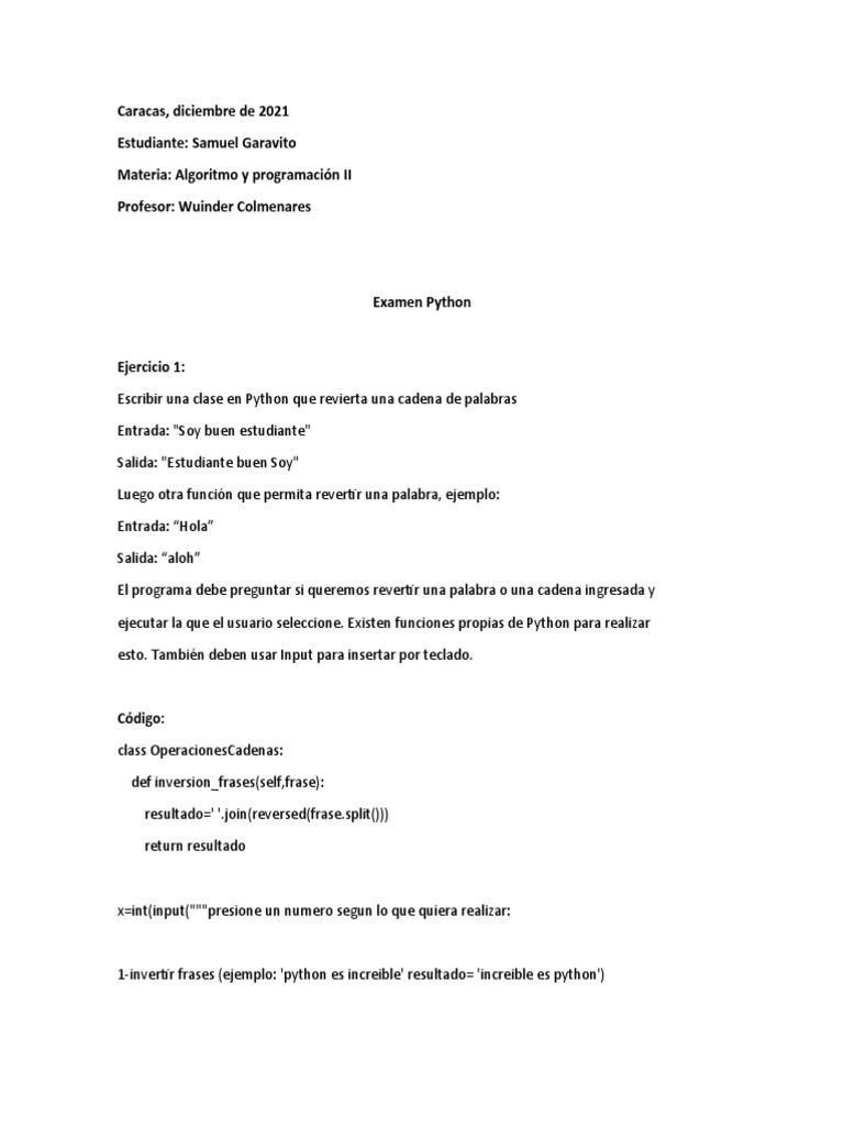 Examen Python-Samuelgaravito | PDF | Python (lenguaje de programación ... Examen Python-Samuelgaravito | PDF | Python (lenguaje de programación ...