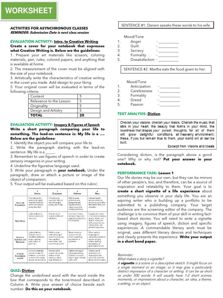 Worksheet Creative Writing - Week 1 | PDF | Experience | Human ...