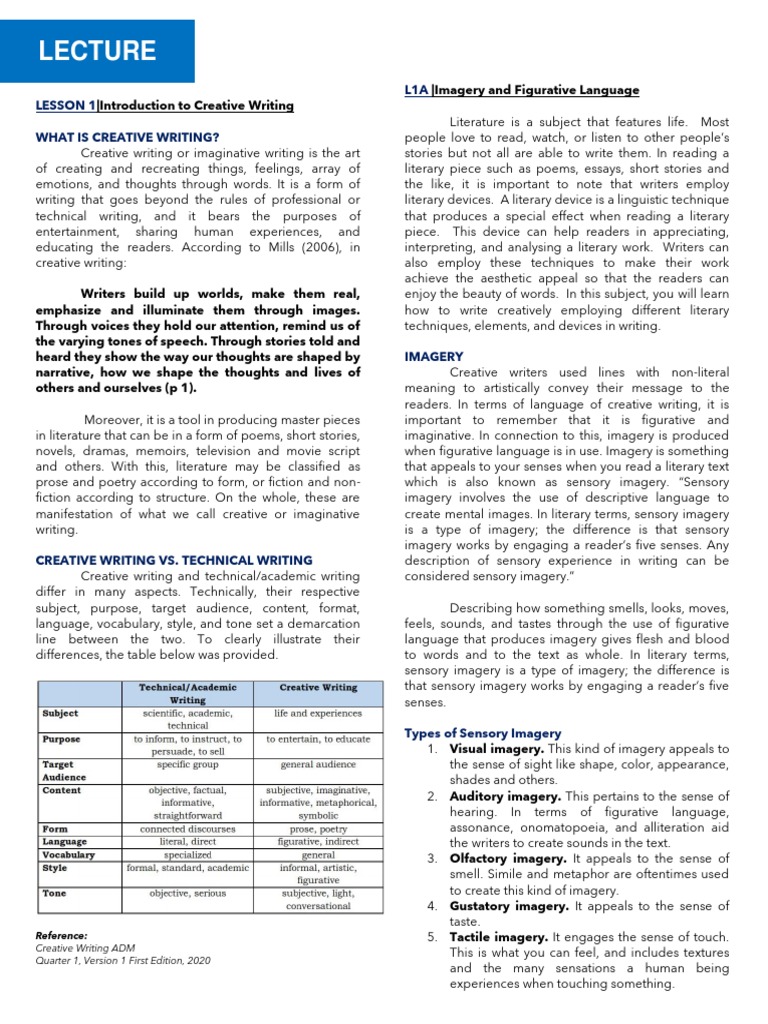 Lecture Notes Creative Writing - Lesson 1 | PDF | Perception | Senses