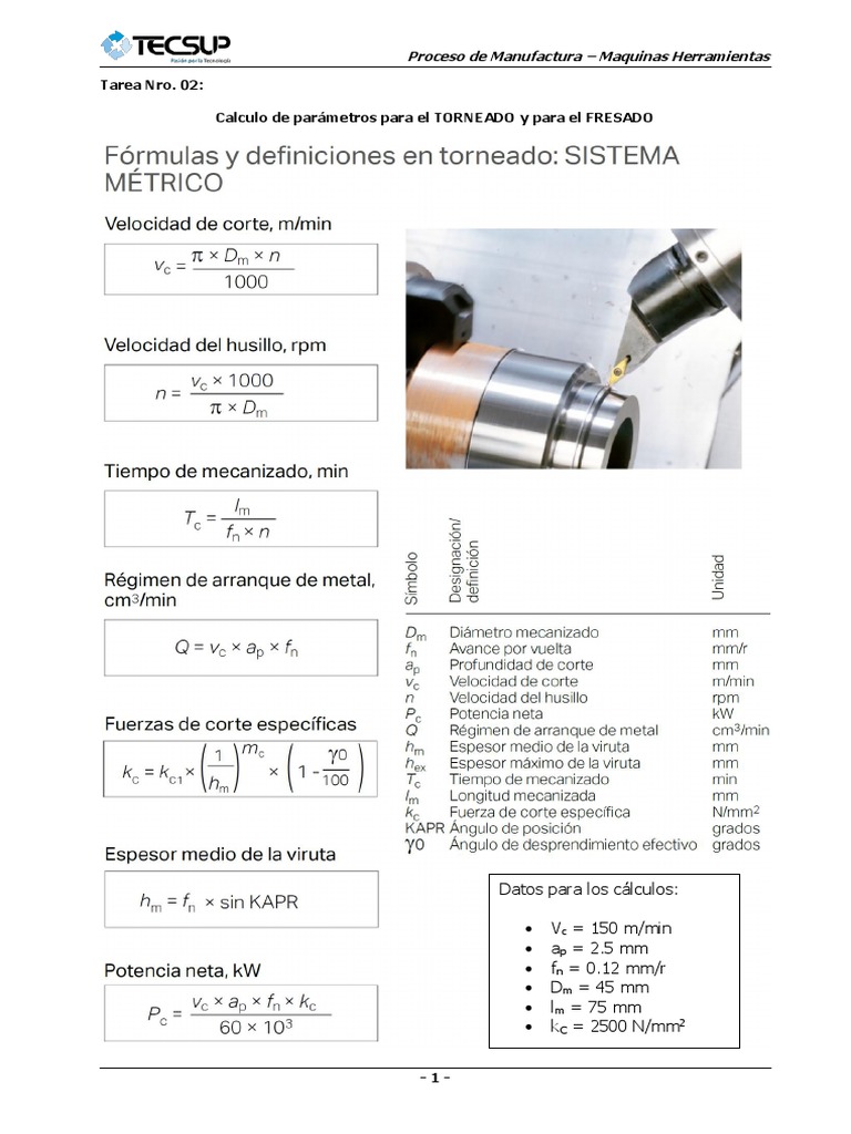 02 Cálculos de PARÁMETROS para El Torneado y El Fresado 2022-2 | PDF | Ingeniería mecánica ...