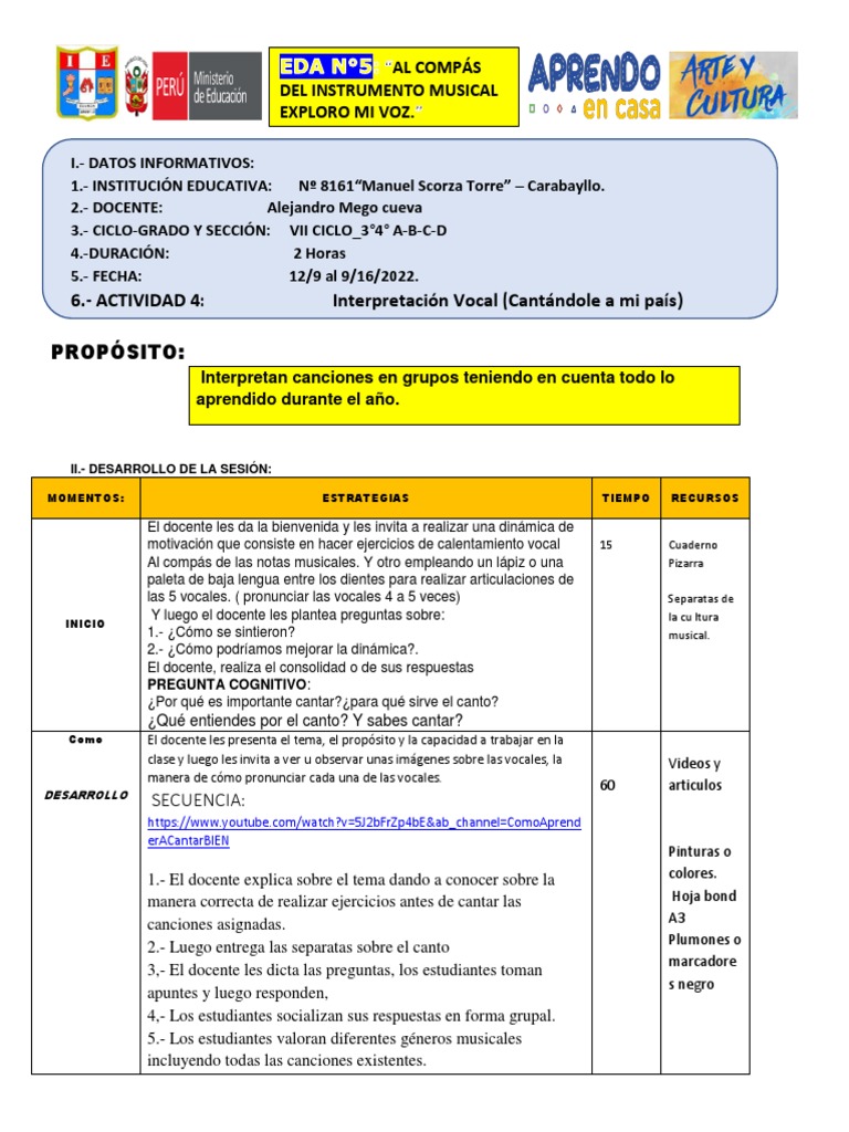 3°4° - Eda 5 - Actv 4 Interpretacion Vocal - Cantando - 2022 | PDF