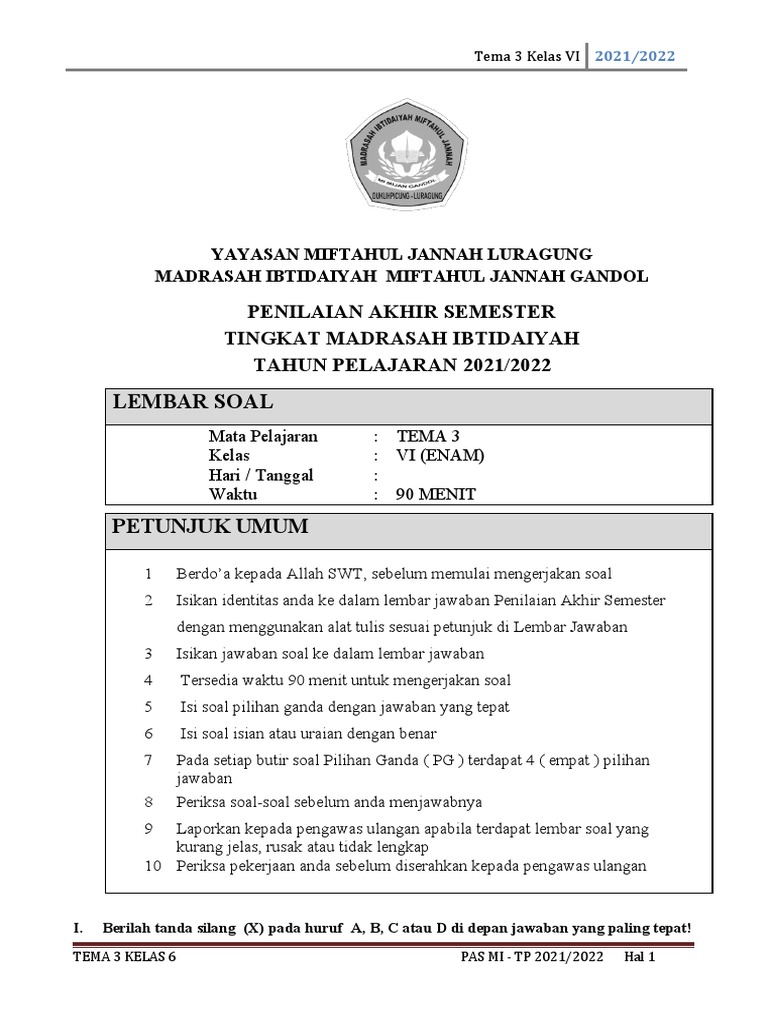 Soal Pas Kelas 6 Tema 3 | PDF