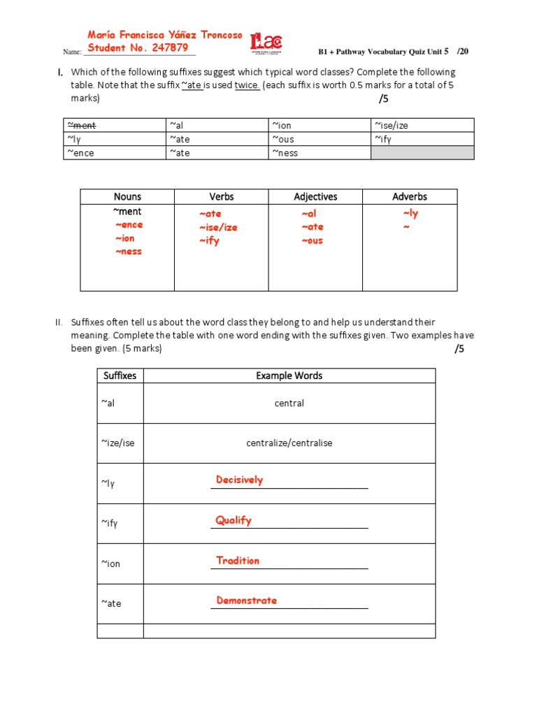 Voc - Quiz - 1 - Unit 5 | PDF | Adjective | Part Of Speech