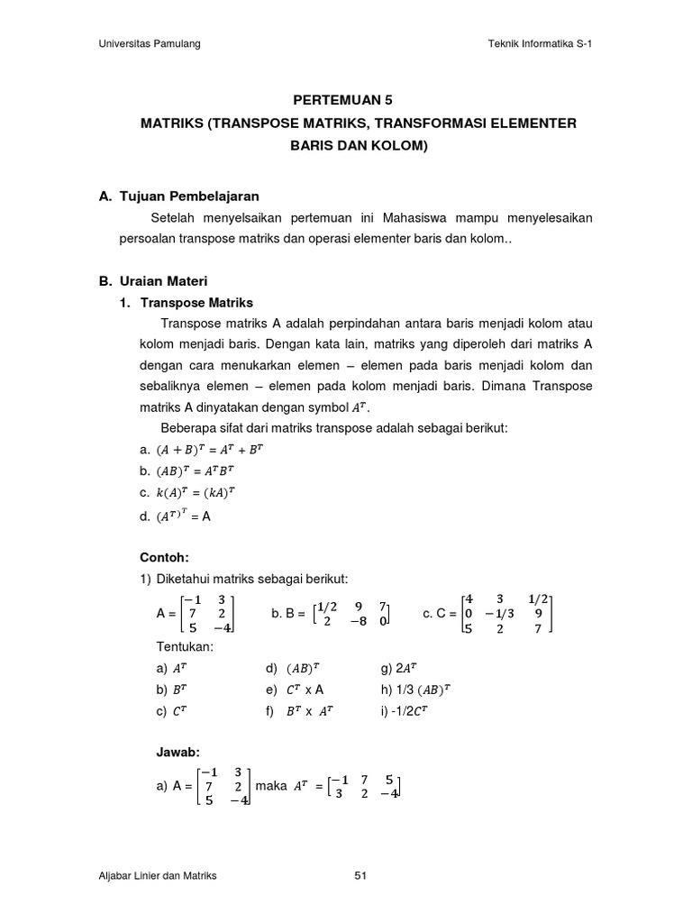 TPL0132 - 05 - Matriks (Transpose Matriks, Transformasi Elementer Baris Dan Kolom) | PDF