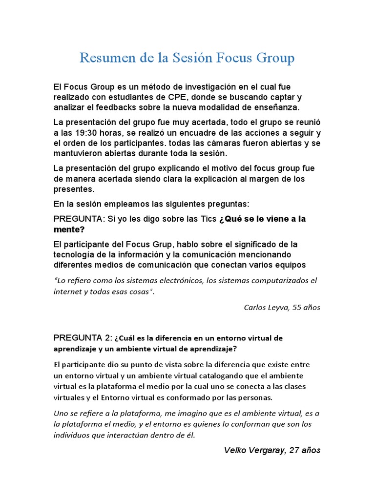 1 Final Respuestas Del Focus Group y Resumen de La Sesión | PDF | Método de enseñanza | Aprendizaje