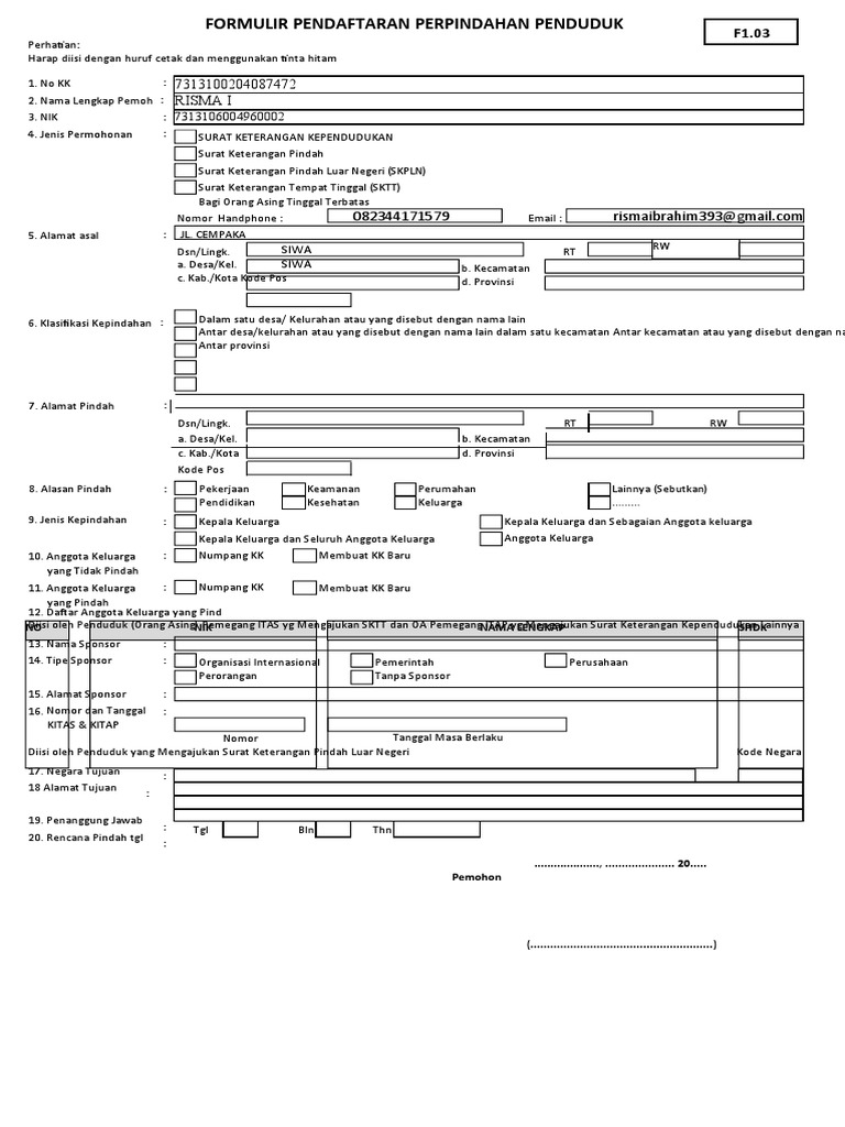 f1.03 Formulir Pendaftaran Perpindahan Penduduk | PDF